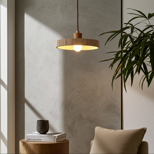 Taro Travertine Pendant Light | Japandi Stone & Wood Lighting – Kiyoshiki